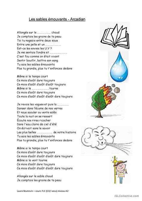Paroles à trous chanson d été activ Français FLE fiches pedagogiques