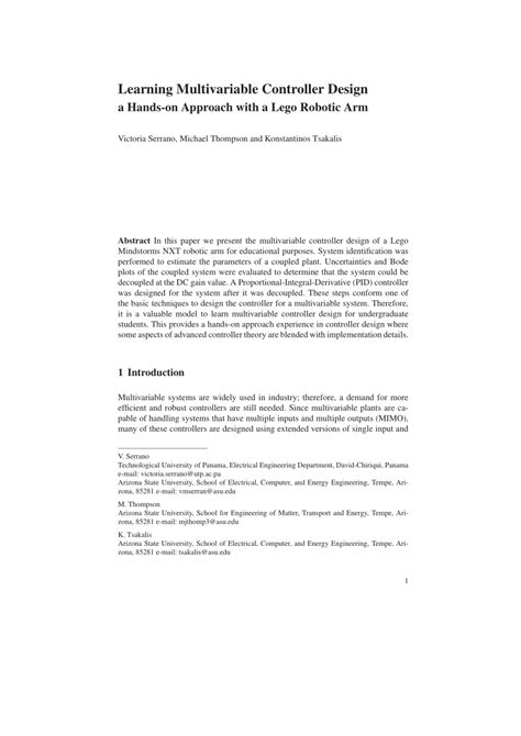 Pdf Learning Multivariable Controller Design A Hands On Approach With A Lego Robotic Arm