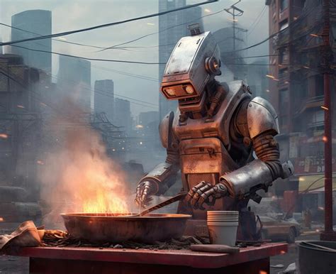 Robot Cook On The Street Prepares Food Premium Ai Generated Image