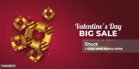 발렌타인 데이 판매 배너에는 현실적인 금 선물 상자 빨간색 하트 반짝이는 금색 색종이 조각이 있습니다 가로 포스터 헤더 웹 사이트 배너 2월에 대한 스톡 벡터 아트 및 기타