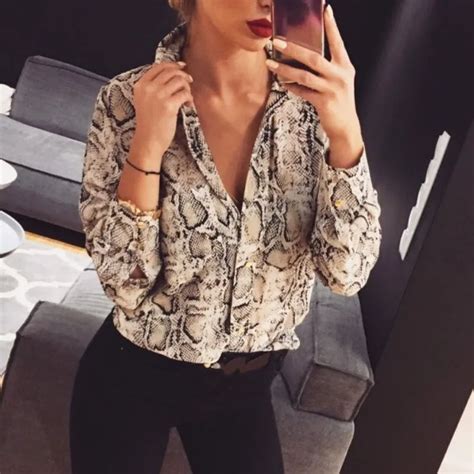 Sexy Snake Skin Print Long Sleeve Shirt Women V Neck Leopard Printes