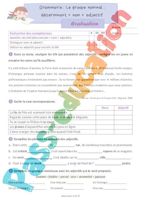Groupe nominal déterminant nom adjectif s Évaluation de grammaire pour le cm Cycle