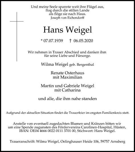 Traueranzeigen Von Hans Weigel Trauer In Nrw De