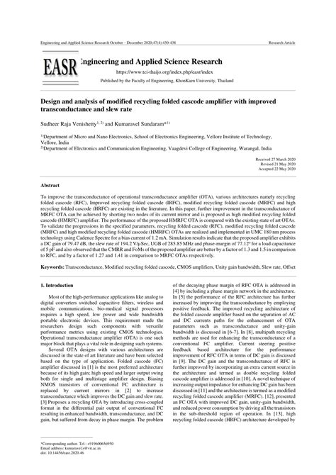 Pdf Design And Analysis Of Modified Recycling Folded Cascode Amplifier With Improved