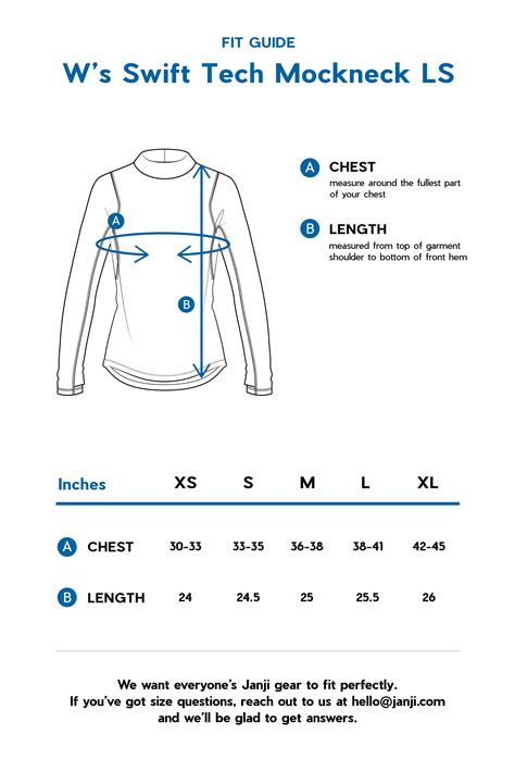 Size Chart Ws Swift Tech Ls Janji