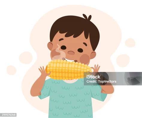 삶은 옥수수를 먹는 귀여운 어린 소년 행복 한 아이 먹는 야채 만화 벡터 일러스트 레이 션 먹기에 대한 스톡 벡터 아트 및 기타