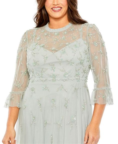 Mac Duggal Plus Size High Neck Embellished Flutter Half Length Sleeve