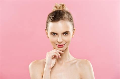 Premium Photo Portrait Of Shirtless Woman Over Pink Background