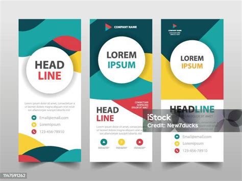 다채로운 비즈니스 롤업 배너 평면 디자인 서식 파일 추상적인 기하학적 배너 템플릿 벡터 일러스트 레이 션 세트 추상 프리 젠 테이 션 브로셔 전단지 템플릿 수직 벡터 기업