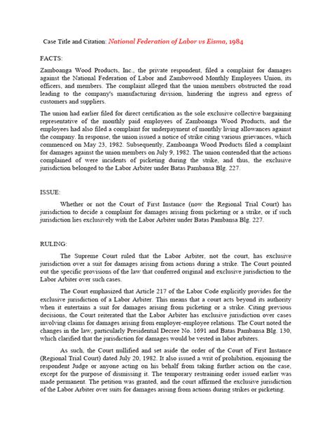 National Federation Of Labor Vs Eisma 1984 Pdf Strike Action