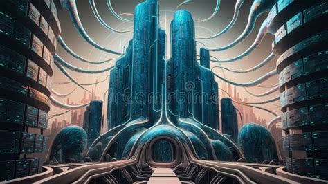 Futuristic Cityscape Data Center Architecture And High Quality Image Stock Illustration