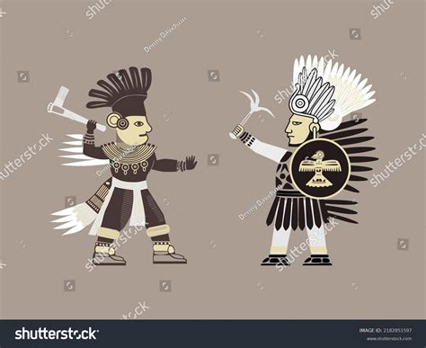 Vector Illustration Two Aztec Warriors Fighting Stock Vector Royalty Free 2182851597