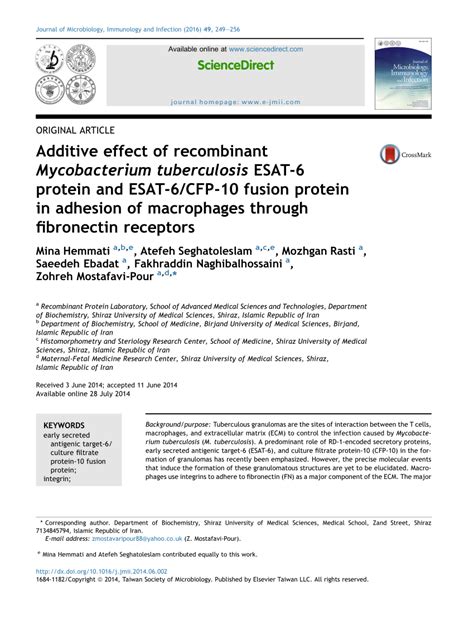 Pdf Additive Effect Of Recombinant Mycobacterium Tuberculosis Esat 6 Protein And Esat 6cfp 10