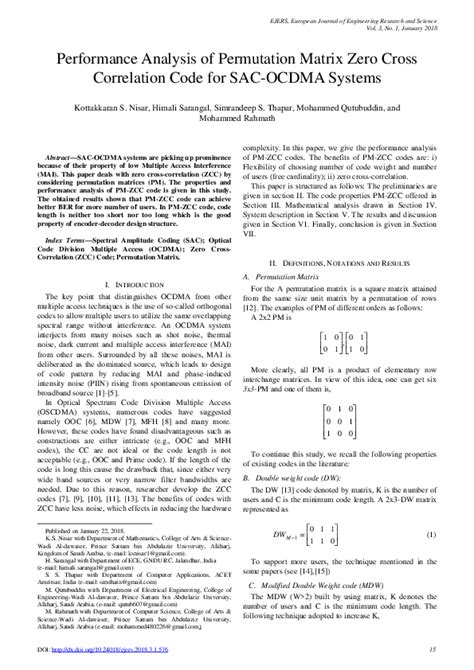 Pdf Performance Analysis Of Permutation Matrix Zero Cross Correlation Code For Sac Ocdma