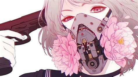 Anime Girl Gun Gas Mask Flower 4k 8420i Wallpaper 4k Pc