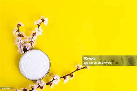 밝은 노란색 배경에 분홍색 꽃과 항아리와 꽃 나무의 나뭇 가지에 화장품 크림 천연 크림을 가진 스킨 케어 컨셉 맨 위 보기 플랫