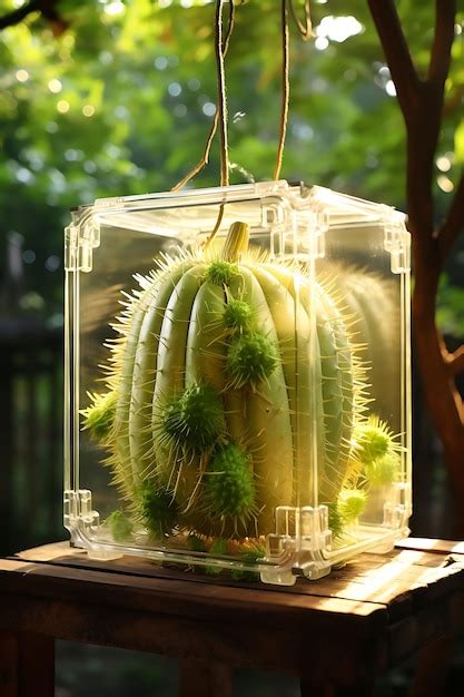 Premium Ai Image Photo Of Durian In A Glass Box Cube With Thorny Vine