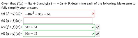 solved given that f x 8x 6 and g x −6x 9 determine each