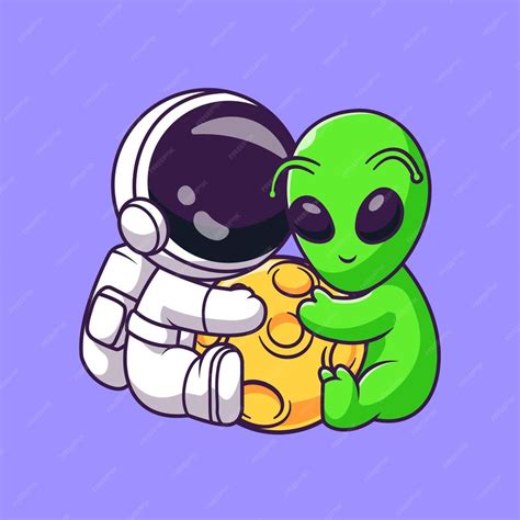 귀여운 우주 비행사와 외계인 포옹 문 만화 벡터 아이콘 그림 과학 기술 절연 플랫 프리미엄 벡터