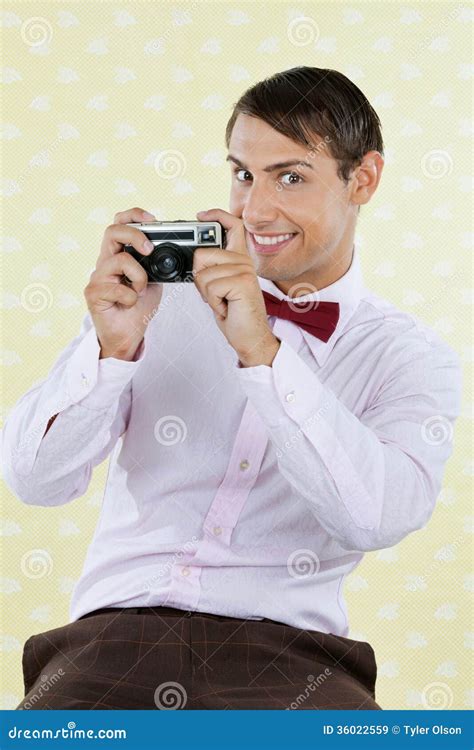 Male Geek Holding Retro Camera Stock Image Image Of Male Person