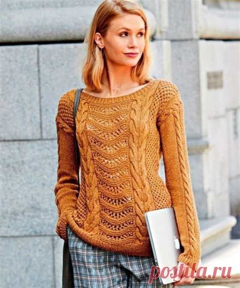 Пуловер цвета корицы с сочетанием узоров Ж Спицы Пуловеры ажурные Постила