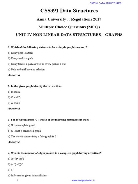 Unit 4 Mcq Pdf Vertex Graph Theory Mathematics