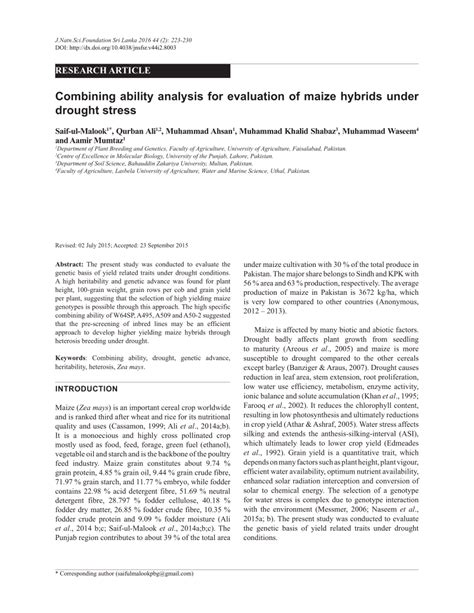 Pdf Combining Ability Analysis For Evaluation Of Maize Hybrids Under Drought Stress