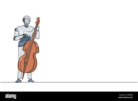 Continuous One Line Drawing Robot Musician Playing Double Bass Or