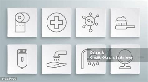 세트 라인 전기 이발기 또는 면도기 크로스 병원 의료 비누로 손 씻기 샤워 헤드 라운드 메이크업 거울 바이러스 칫솔 치약 및 화장지 롤 아이콘 벡터 1위에 대한 스톡 벡터