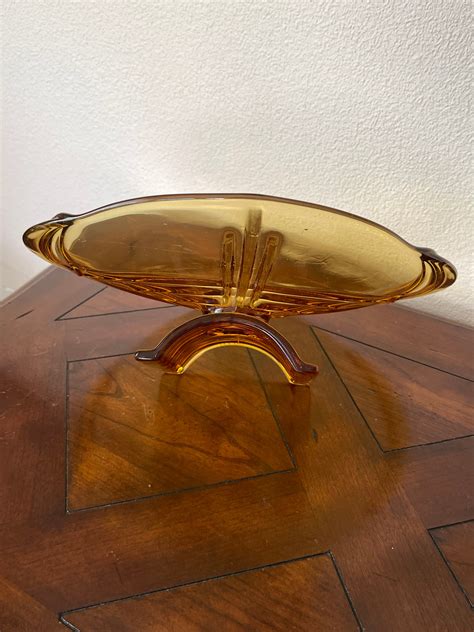 Vintage Amber Glass Serving Dish Czech Art Deco Glass Footed Bowl