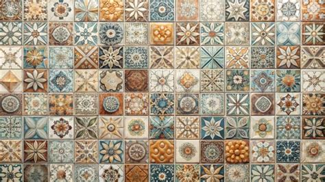 Intricate Ornate Mosaic Tile Wall Pattern Featuring Diverse Floral And Geometric Designs