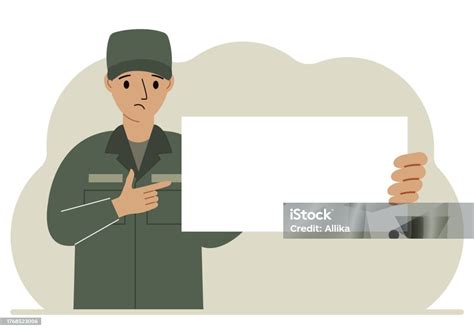군복을 입은 한 남자가 텍스트를 넣을 수 있는 커다란 흰 종이를 들고 있다 벡터 군대에 대한 스톡 벡터 아트 및 기타 이미지