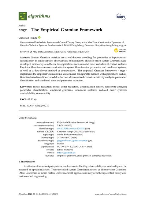 Pdf Emgr The Empirical Gramian Framework