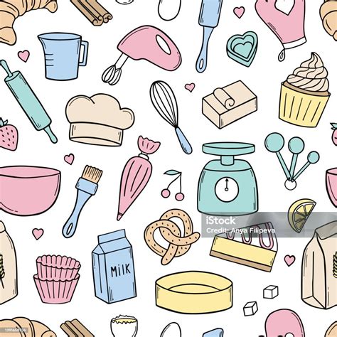 베이킹 낙서의 원활한 패턴 요리 요소 믹서 버터 밀가루 숟가락 스케치 스타일로 털어 내십시오 흰색 배경에 고립 된 손으로 그린 벡터 일러스트레이션 믹서기에 대한 스톡 벡터