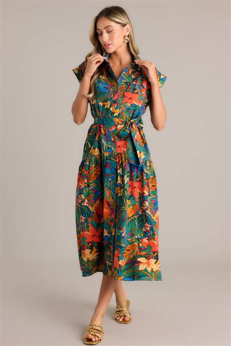 Green Tropical Print Button Front Midi Dress All Dresses Red Dress