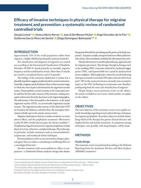 Pdf Efficacy Of Invasive Techniques In Physical Therapy For Migraine Treatment And Prevention