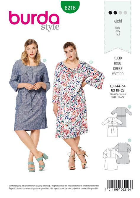 Burda Style Pattern 6216 Womens Dress With Front Button Fastening And