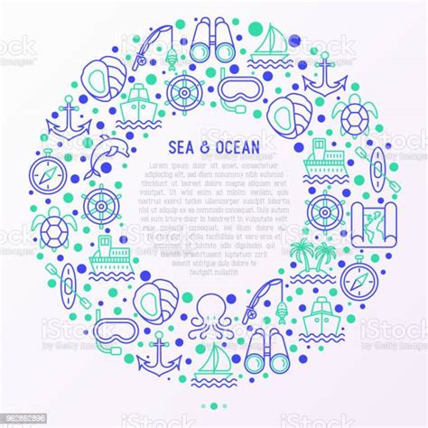 海和海洋旅途概念在圈子以細線圖示 帆船 釣魚 船 牡蠣 船錨 章魚 指南針 方向盤 海龜現代向量插圖 列印媒體範本向量圖形及更多俄羅斯圖片