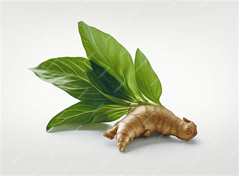 얇게 썬 녹색 잎을 가진 신선한 생강 뿌리줄기는 흰색 배경에 분리되어 있습니다 프리미엄 사진