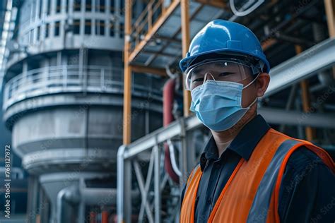 Engineer Wearing Mask Inspects Industrial Cooling Tower In Large Building To Protect Against