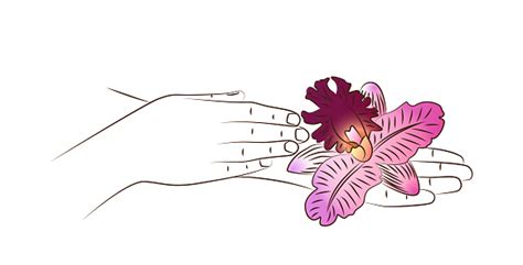 분홍색 난초 꽃 클로즈업이있는 아름다운 여성 손 손과 손톱 스파 트리트먼트를 관리하십시오 편안한 손 목욕과 자연 매니큐어를위한 시간 컨셉 유기농 스킨 케어 편집 가능한 선형