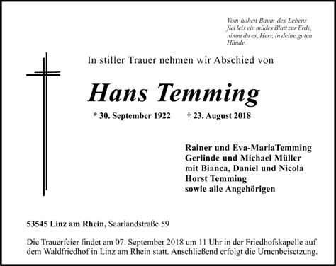 Traueranzeigen Von Hans Temming Rz Trauer De