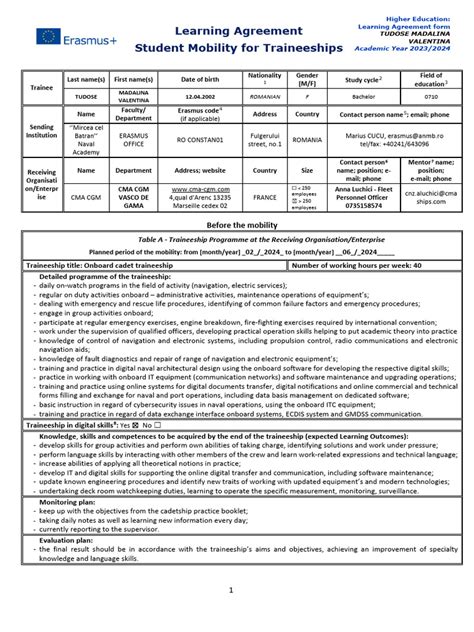 Learning Agreement For Traineeships Tudose Madalina Anmb Pdf