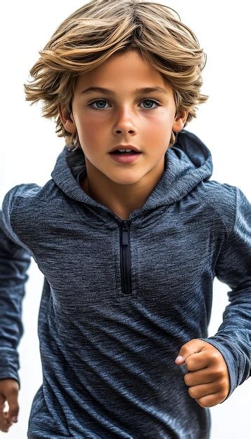 Menino Inteligente Em Roupas Esportivas Correndo Isolado Em Um Fundo