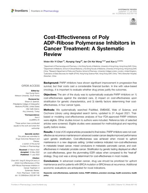 Pdf Cost Effectiveness Of Poly Adp Ribose Polymerase Inhibitors In