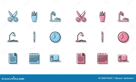 Set Line File Document And Paper Clip Calendar Scissors Computer