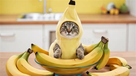 Adorable Cat In Banana Costume Surrounded By Real Bananas Stock