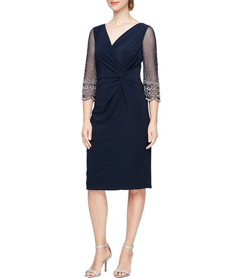Alex Evenings Matte Jersey Ity Embellished 34 Sleeve V Neck Front Knot Sheath Knee Length Dress