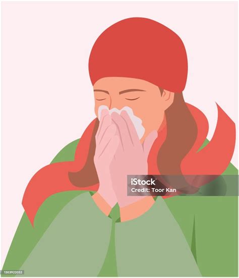 여성은 기침과 재채기 벡터 그림 동안 입과 코를 커버하기 위해 조직을 사용합니다 여성 캐릭터는 손수건으로 코를 가린다 소녀는