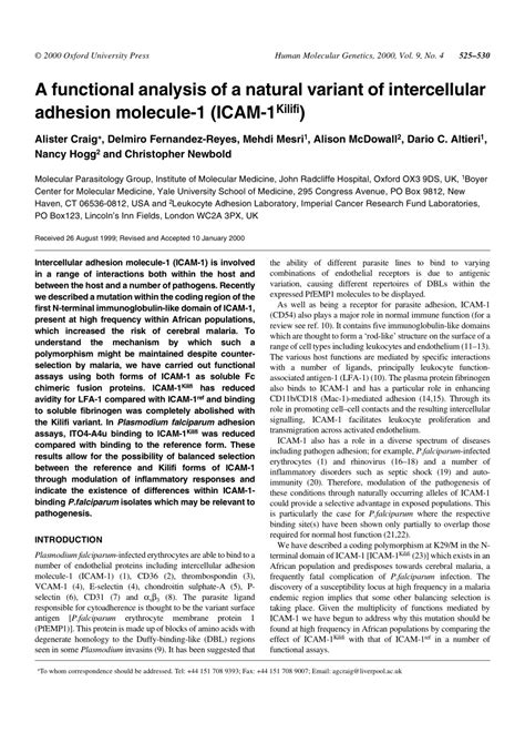 Pdf A Functional Analysis Of A Natural Variant Of Intercellular Adhesion Molecule 1 Icam 1kilifi